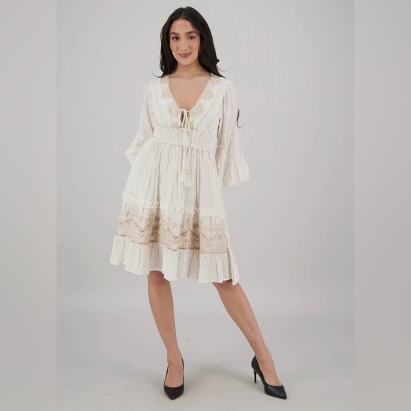 Dresses | Cream And Gold Tiered Rayon Boho Sundress With Tie Front And ...
